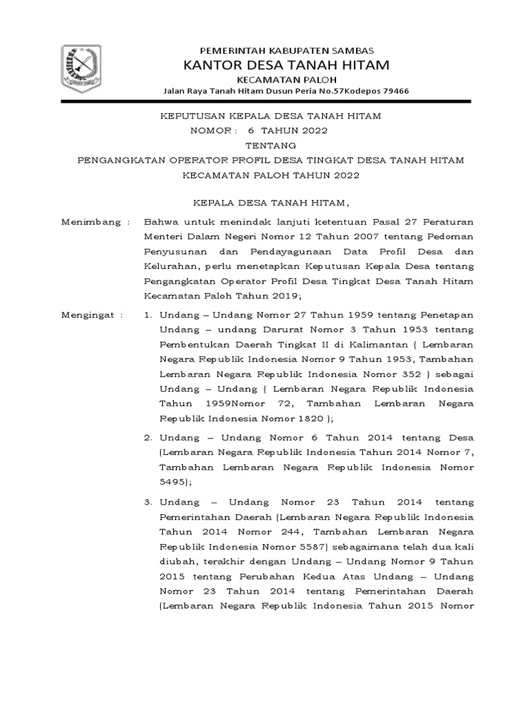 SK Pengangkatan Operator Profil Desa | PDF
