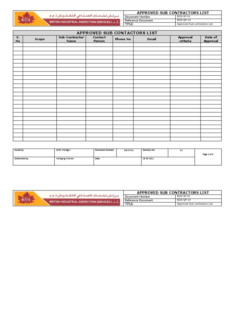 Biis-Sc-01 Approved Subcontractor List | PDF