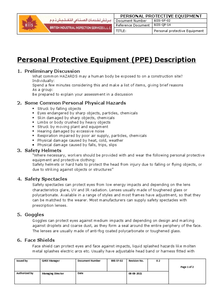 Biis-Sf-02 Personal Protective Equipment | PDF | Personal Protective Equipment | Safety