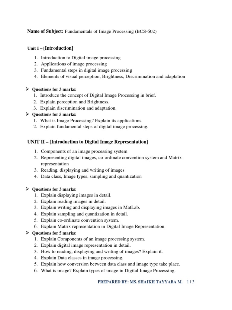 Name of Subject: Fundamentals of Image Processing (BCS-602) : Unit I ...