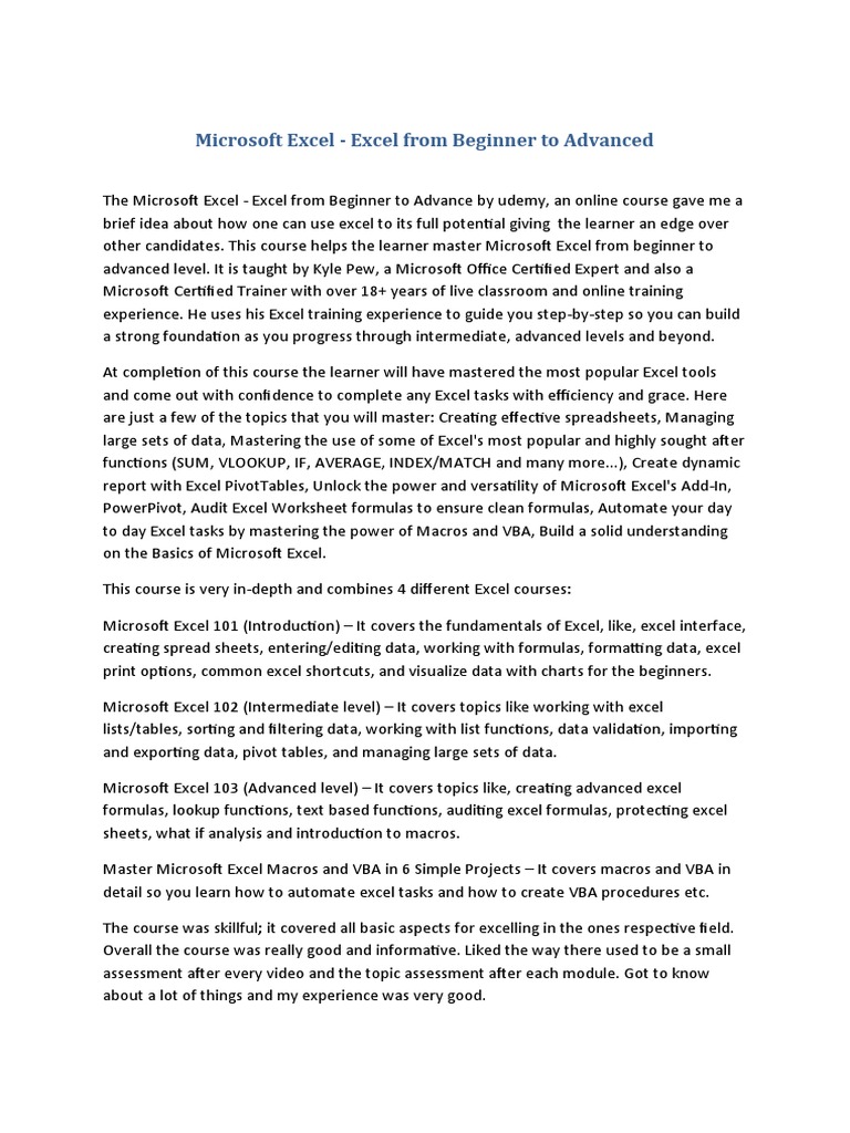 Excel Course Beginner To Advanced Mastery Pdf Microsoft Excel