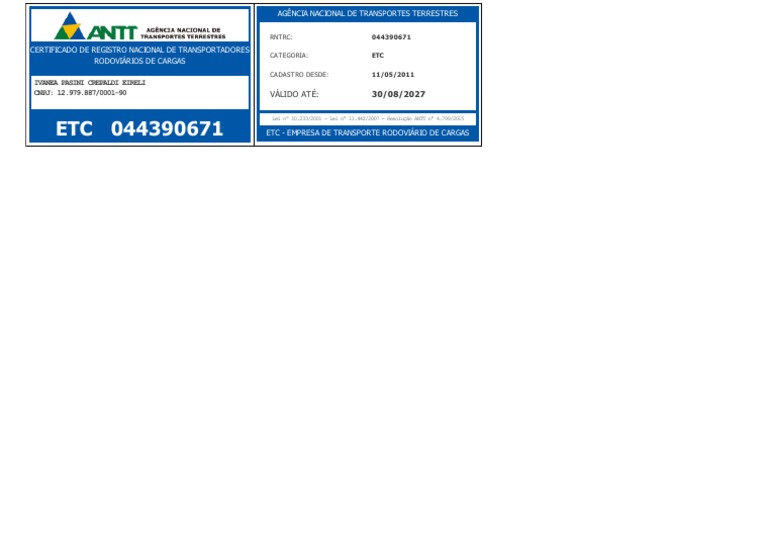 Certificado - ANTT - 2027 | PDF