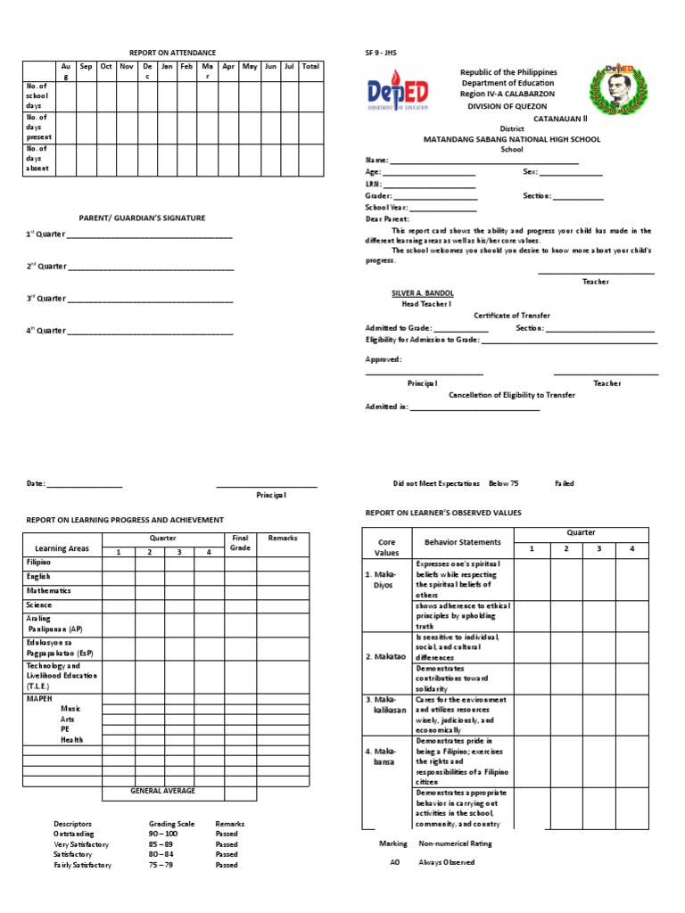 Deped Jhs Report Card