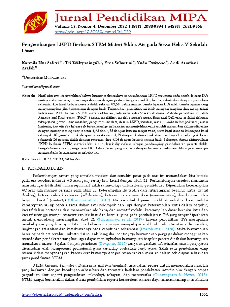 Jurnal Pendidikan MIPA: Pengembangan LKPD Berbasis STEM Materi Siklus Air Pada Siswa Kelas V ...