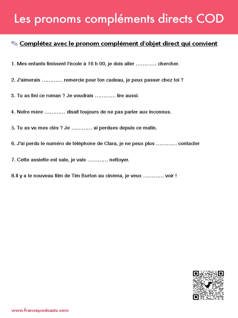 Les Pronoms Compléments Directs COD Exercice+correction | PDF