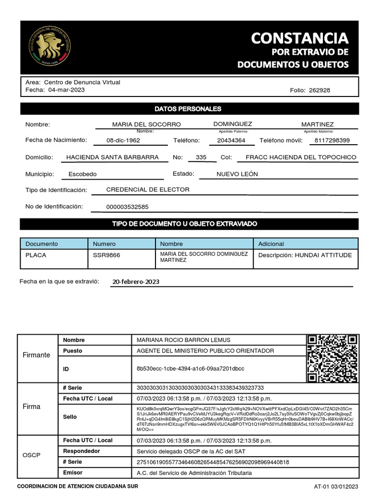 Constancia Documentos Extraviados | PDF