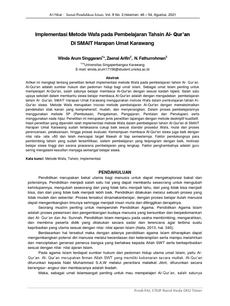 Implementasi Metode Wafa Pada Pembelajaran Tahsin Al-Qur'an Di SMAIT Harapan Umat Karawang | PDF