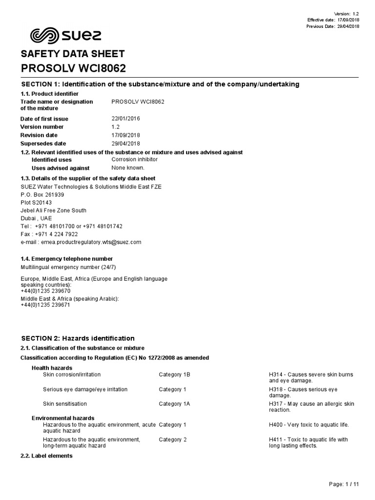 Prosolv Wci8062: Safety Data Sheet | PDF | Dangerous Goods | Toxicity