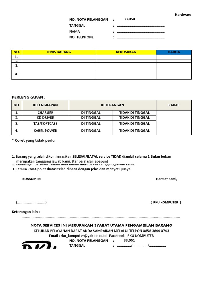 Nota Servis RKU Komputer Palembang | PDF