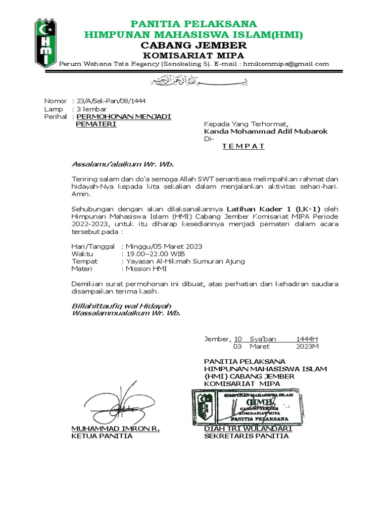 Surat Pemateri MISSION HMI | PDF