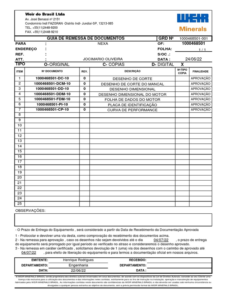 GRD Nº:::: O-Original C - Cópias D - Digital X Guia de Remessa de Documentos 1000468501 | PDF