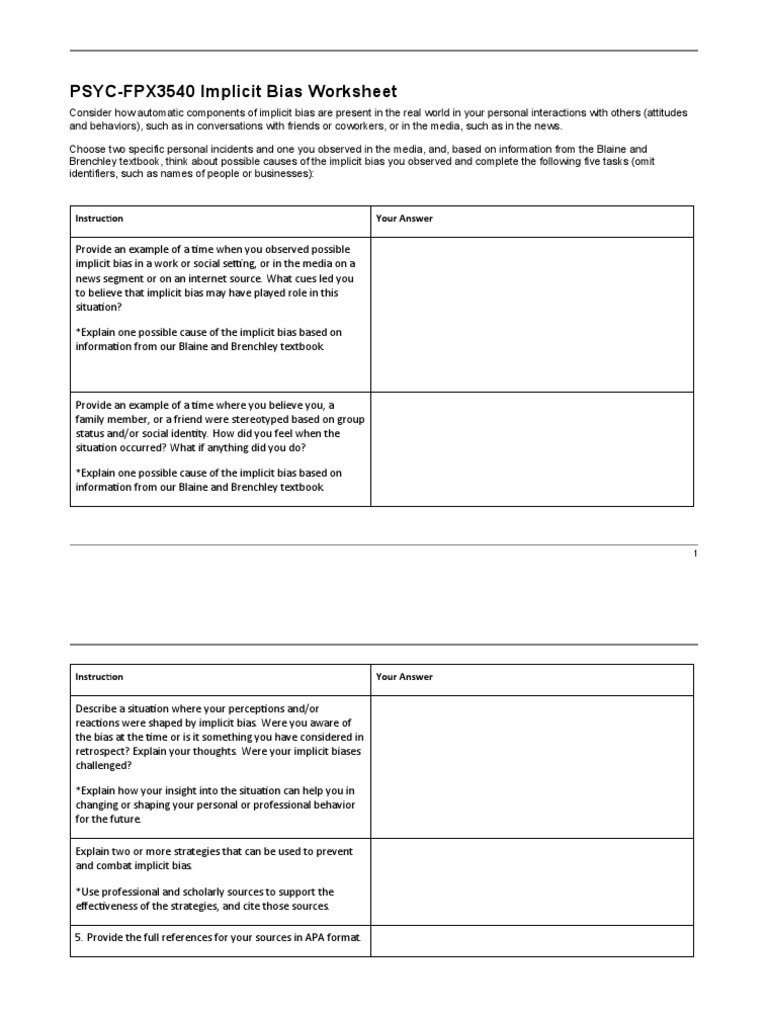 PSYC-FPX3540 Implicit Bias Worksheet: Instruction Your Answer | PDF