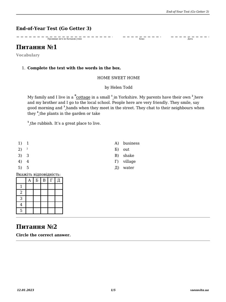 Go Getter 3 End-of-Year Test | PDF | Linguistics