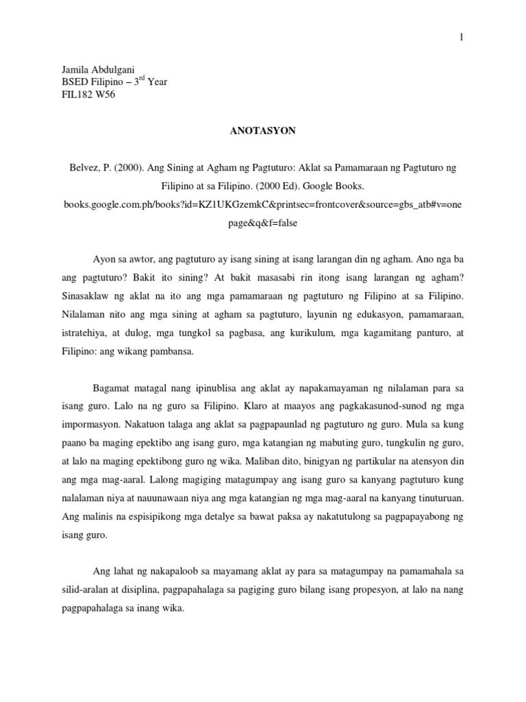 Anotasyon Tungkol Sa Pagtuturo at Pagtuturo NG Filipino | PDF