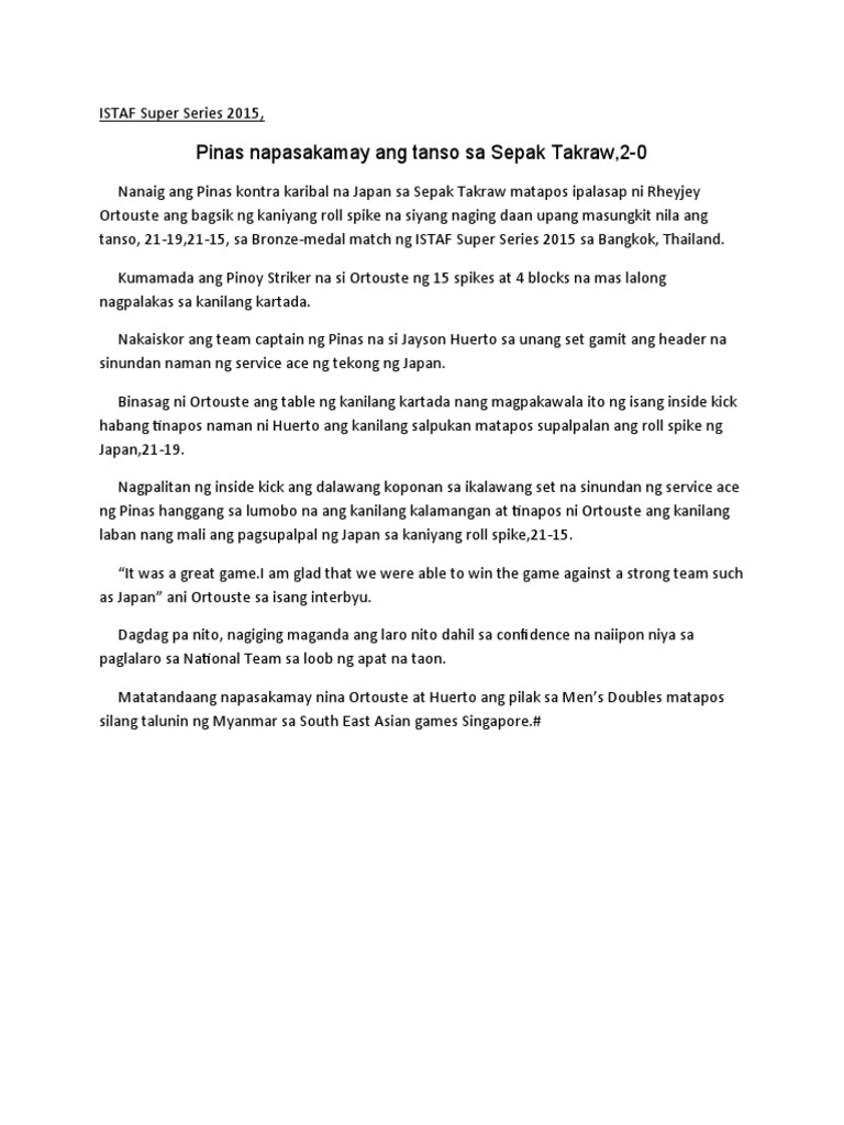Pinas Napasakamay Ang Tanso Sa Sepak Takraw, 2-0 | PDF