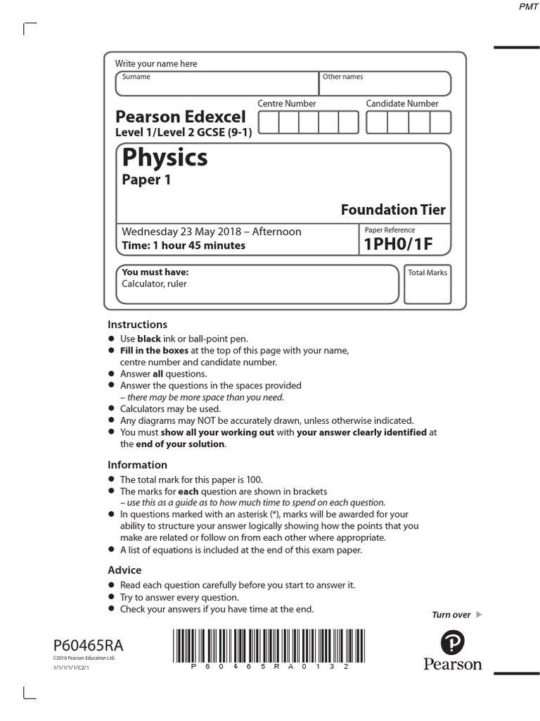 June 2018 QP - Paper 1 (F) Edexcel Physics GCSE | PDF | Waves | Area