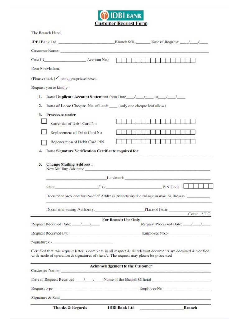 Idbi Statement Request Form | PDF