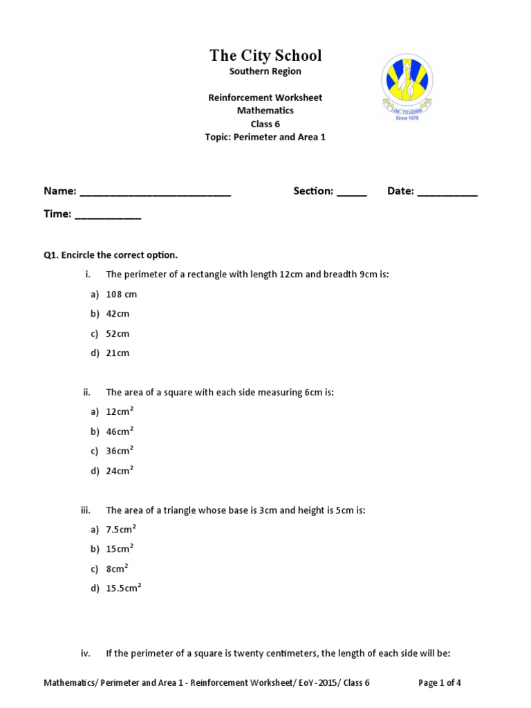 Class 6 4 Reinforcement Worksheet Perimeter and Area 1 | PDF | Area ...