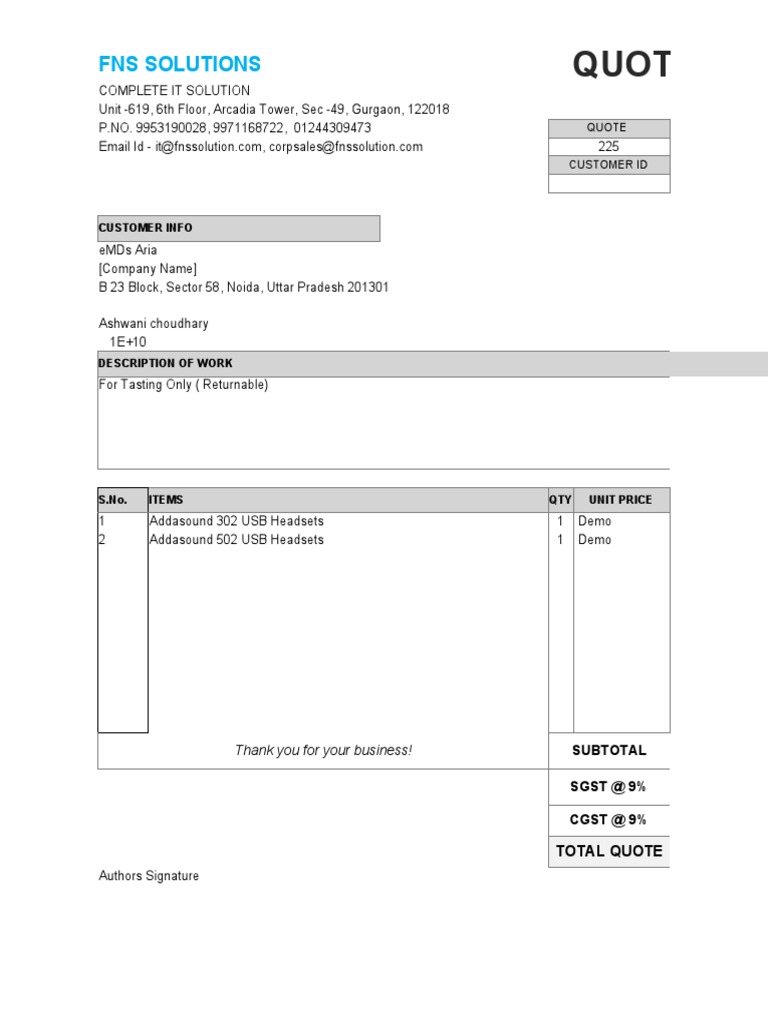 Quotation: Fns Solutions | PDF