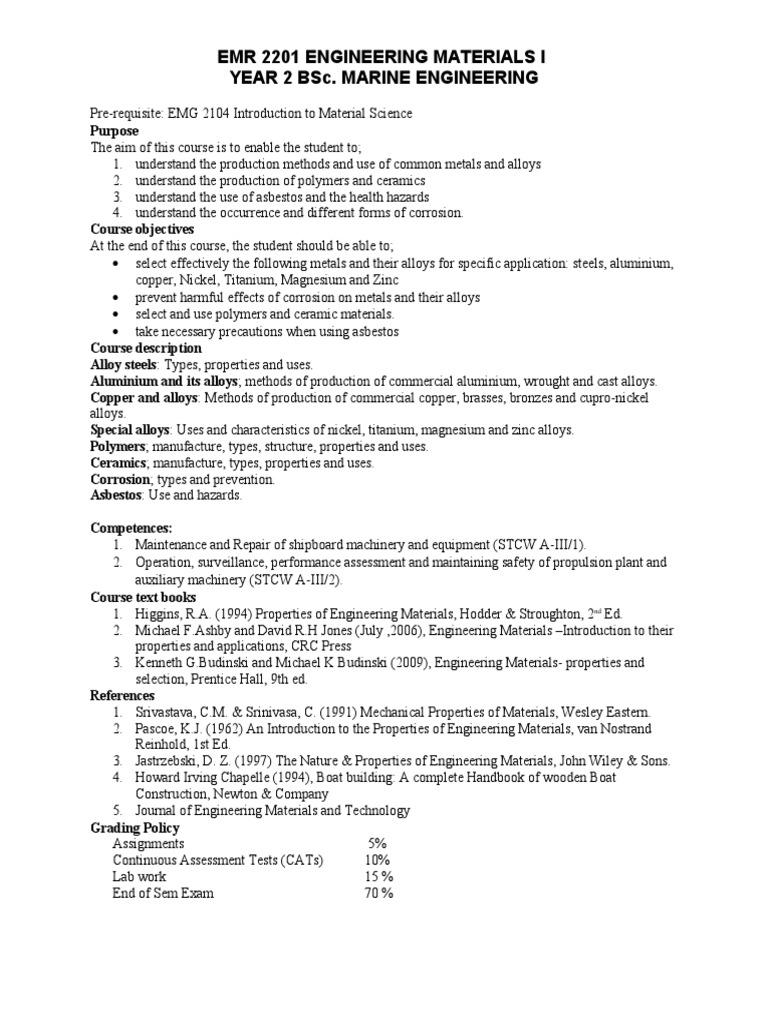 Emr 2201 Engineering Materials I Year 2 Bsc. Marine Engineering | PDF | Steel | Heat Treating