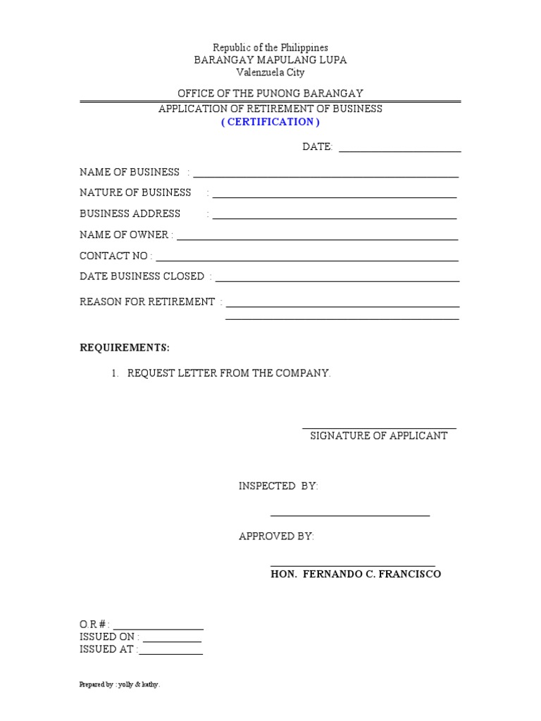 Business Retirement Application Form | PDF