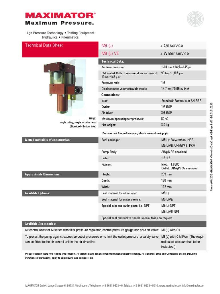 Technical Specifications and Performance Data for the MAXIMATOR M8 High ...