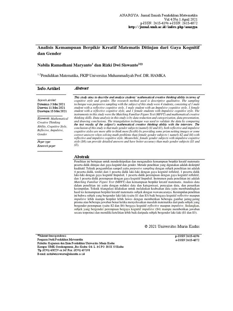 Kemampuan Berpikir Kreatif Dari Gaya Kognitif Dan Gender | PDF | Behavioural Sciences ...