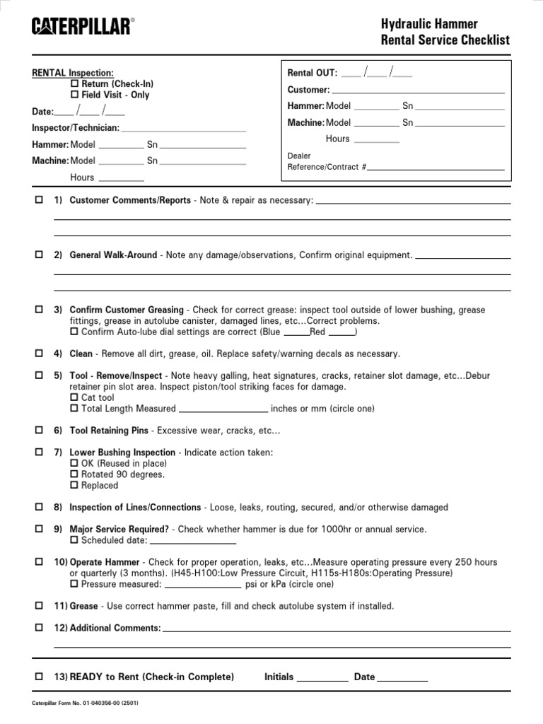 Hydraulic Hammer Rental Service Checklist | PDF | Equipment ...