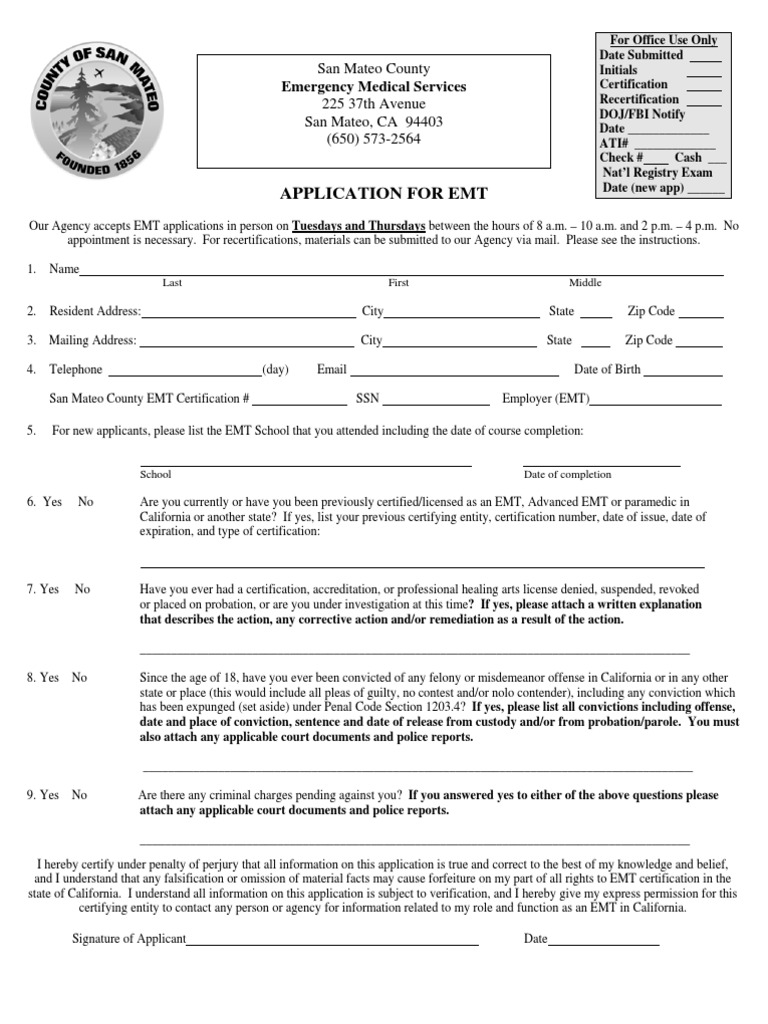 2010 EMT Application | PDF | Emergency Medical Technician | Emergency Medical Services