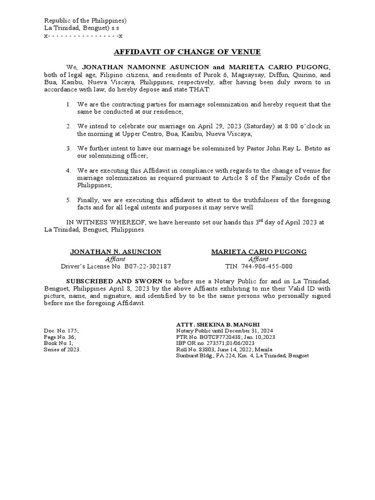 Affidavit of Change of Venue - Asuncion.2023 | PDF