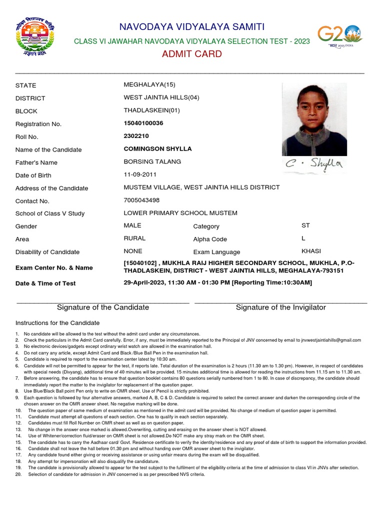 JNV Selection Test Admit Card for Class VI | PDF