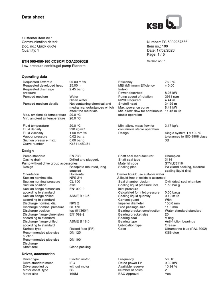 Data Sheet | PDF | Pump | Mechanical Engineering