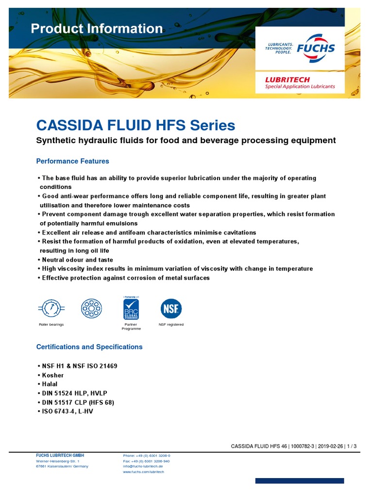 Cassida Fluid Hfs Series: Synthetic Hydraulic Fluids For Food and ...