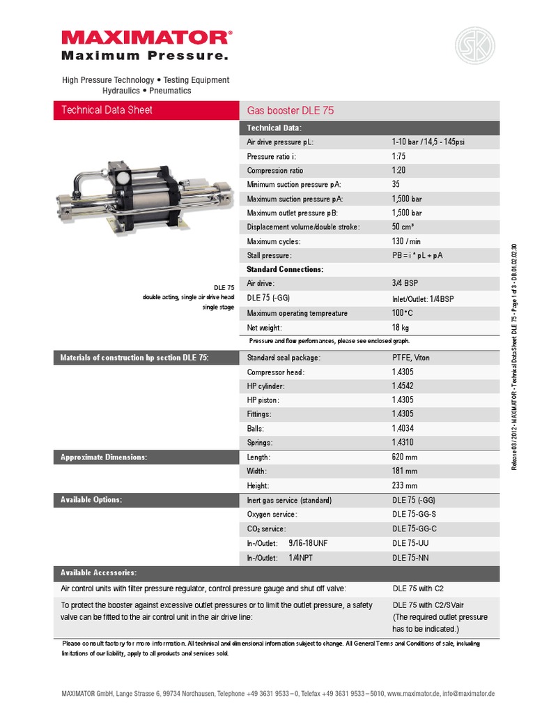 DLE 75 Gas Booster Technical Data | PDF | Mechanical Engineering | Engines