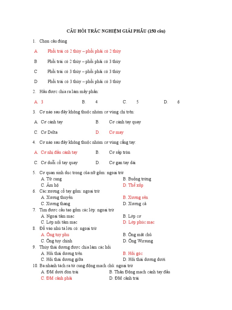 (123doc) - 150-Cau-Hoi-Trac-Nghiem-Giai-Phau-Co-Dap-An-Danh-Cho-Khoa-Duoc | PDF