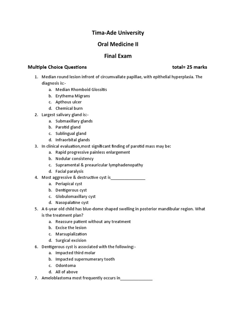 Tima-Ade University Oral Medicine II Final Exam Multiple Choice ...