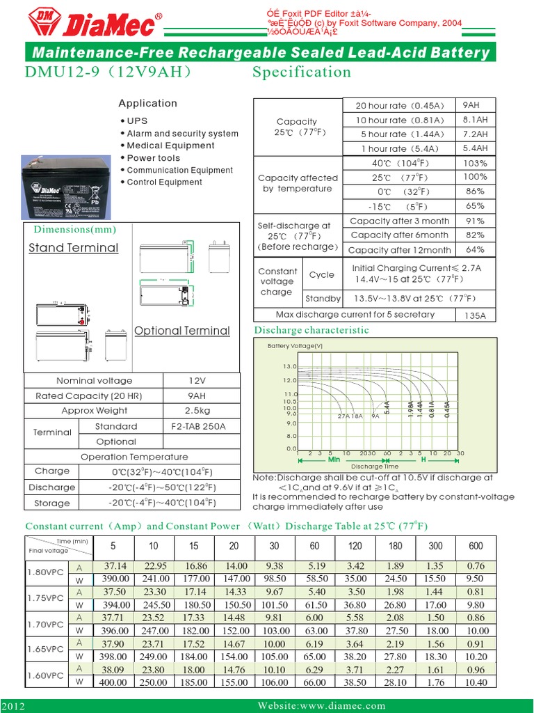 DiaMec DMU12-9 | PDF | Rechargeable Battery | Galvanic Cells