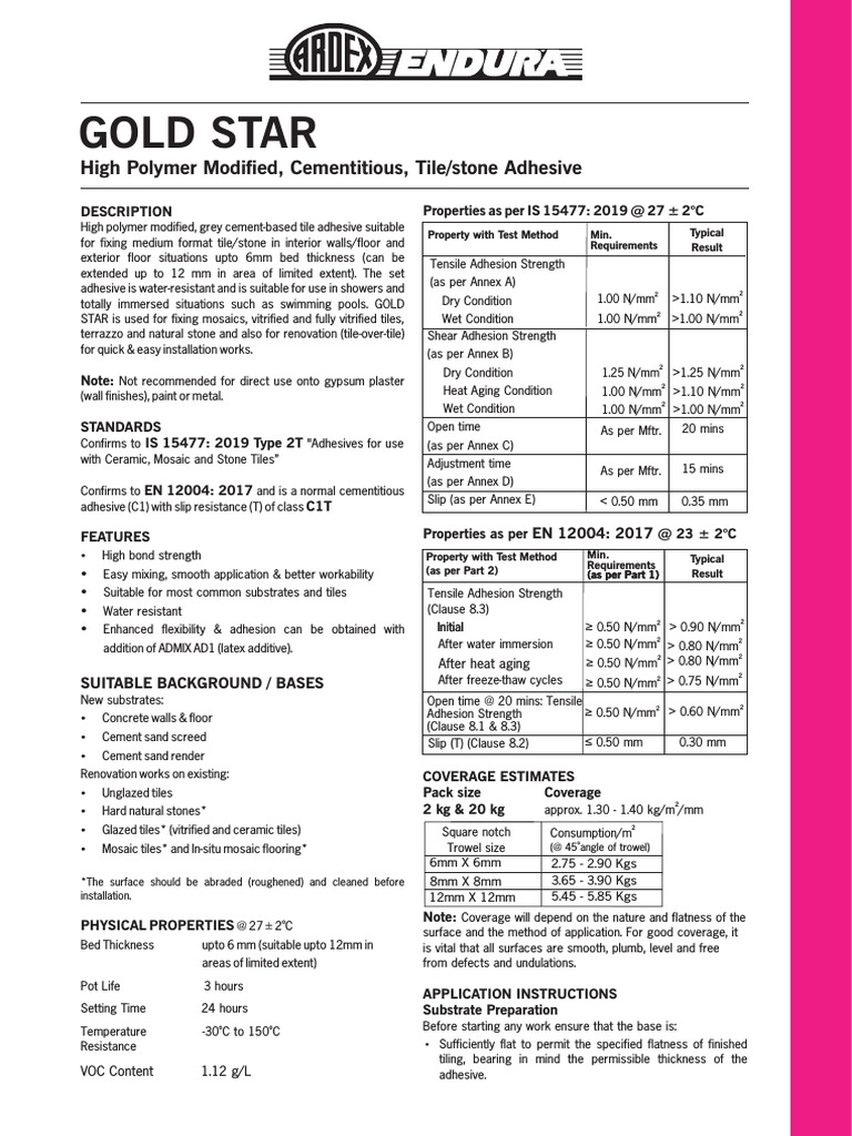 Gold Star: High Polymer Modified, Cementitious, Tile/stone Adhesive ...