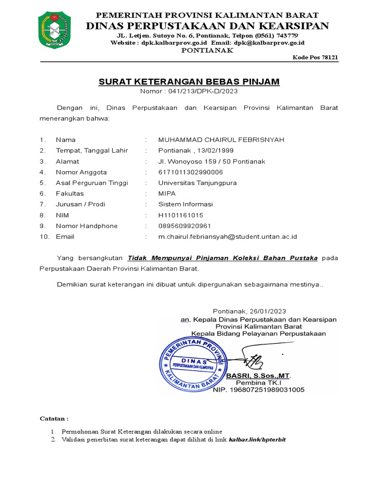 Surat Bebas Pinjam Perpustakaan | PDF