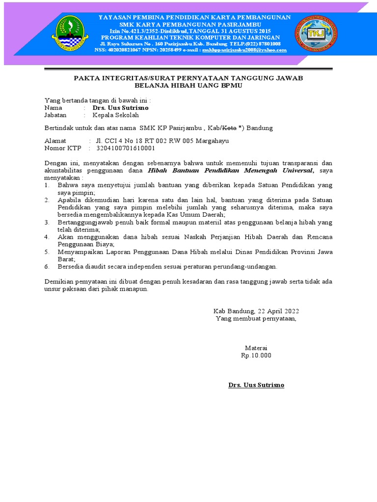 Contoh Pakta Integritas | PDF Contoh Pakta Integritas | PDF