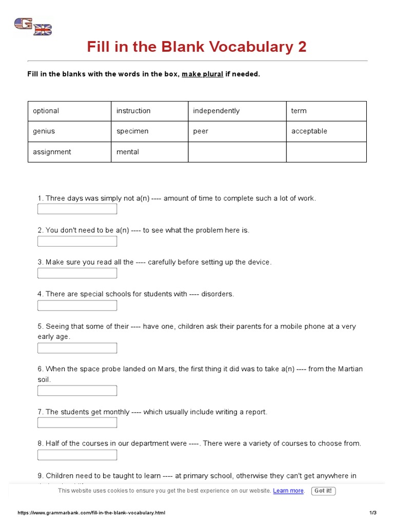 Fill in The Blank Vocabulary Exercise 2 | PDF