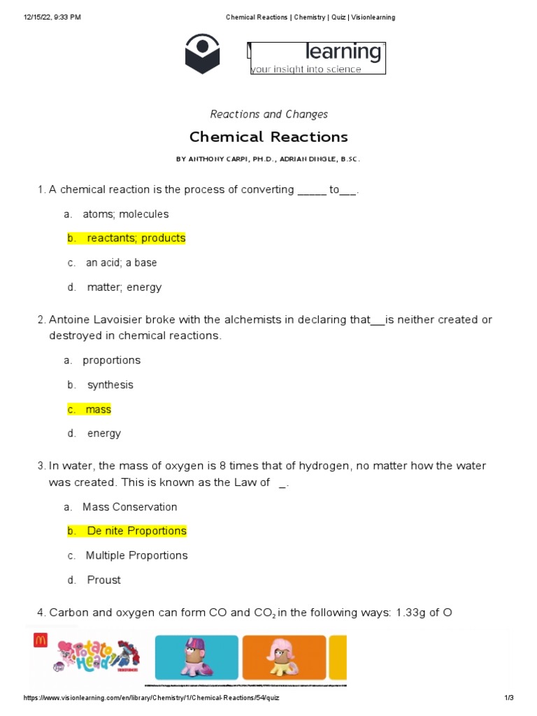 Chemical Reactions Chemistry Quiz Visionlearning | PDF | Chemical ...