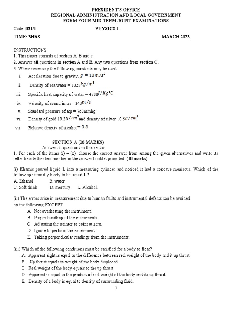 Form Four Physics Mid Term Exam 2023 | PDF | Radioactive Decay | Physical Sciences