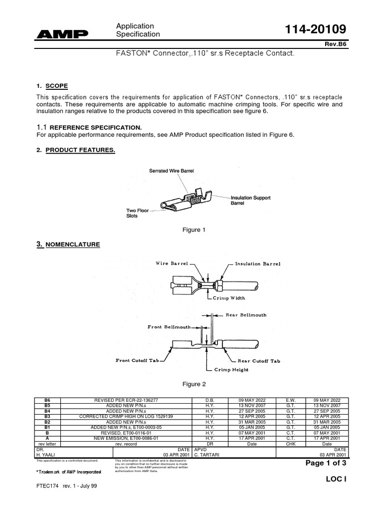 Application Specification FASTON Connector,.110" Sr.s Receptacle ...