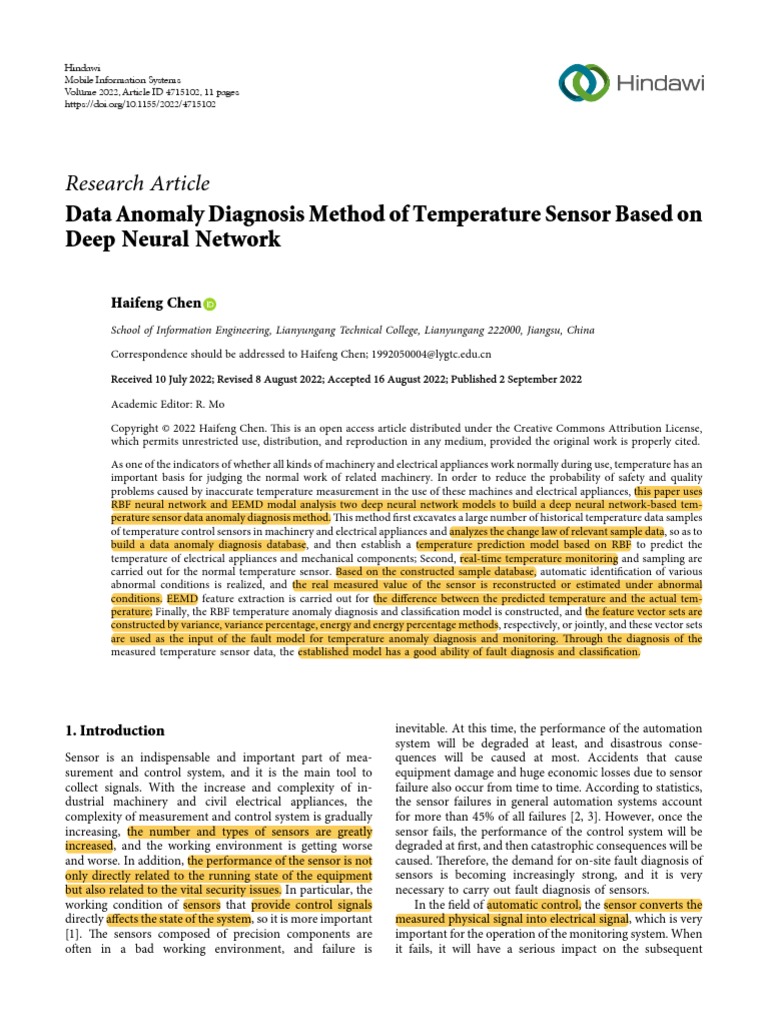 Data Anomaly Diagnosis Method of Temperature Sensor | PDF | Artificial ...