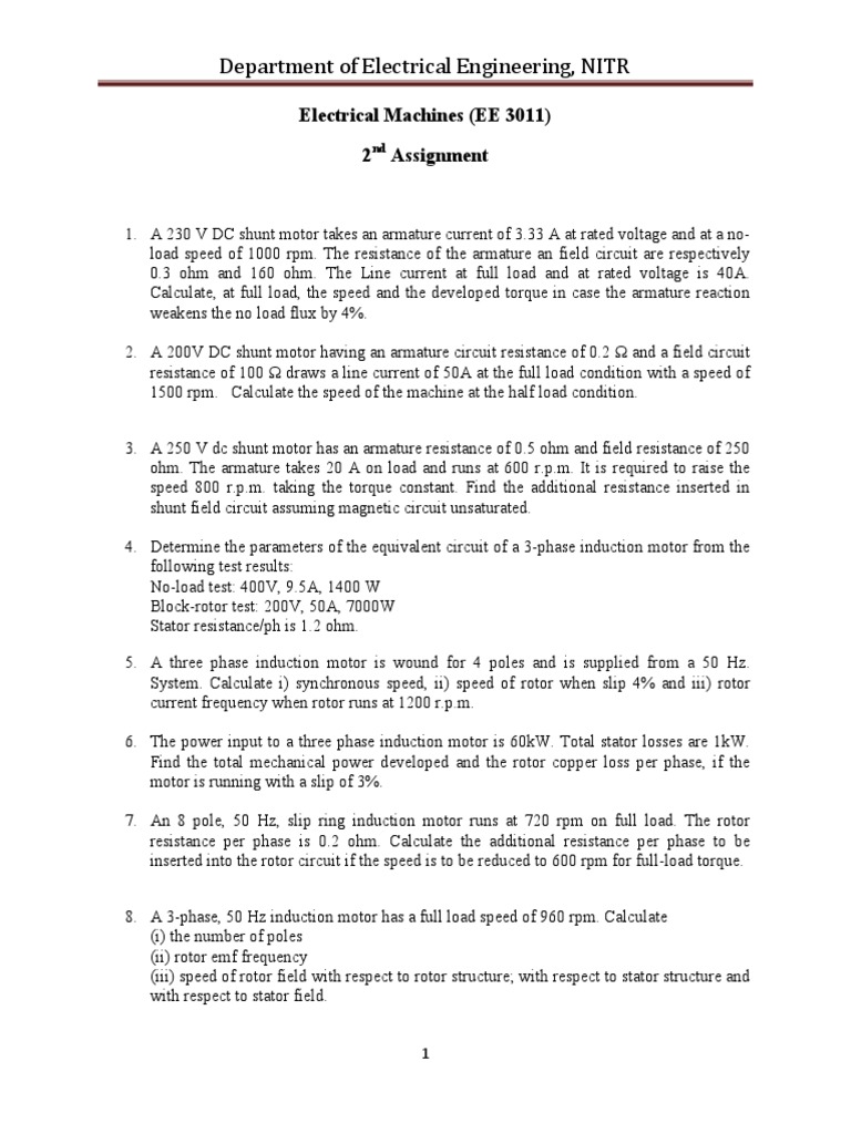 Department of Electrical Engineering, NITR: Electrical Machines (EE 3011) 2 Assignment | PDF ...
