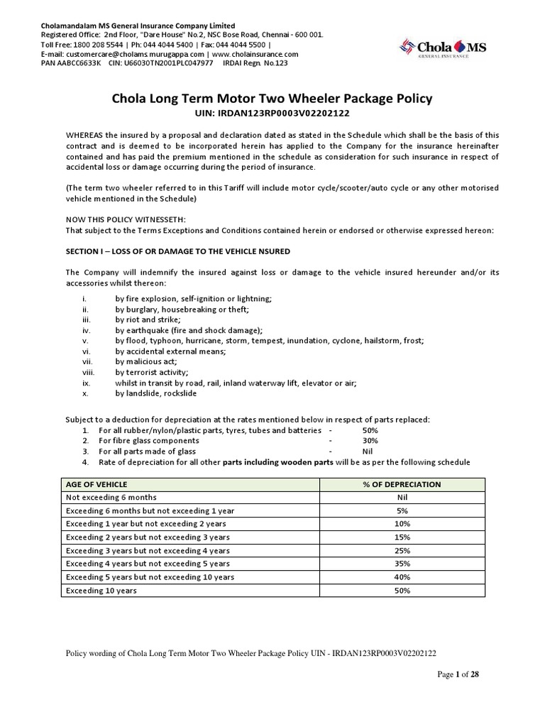 Chola Long Term Motor Two Wheeler Package Policy | PDF | Indemnity | Insurance