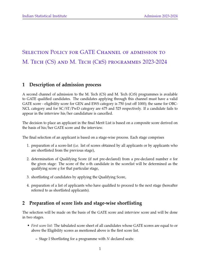 ISI M.Tech Admission 2023-2024 Guide | PDF