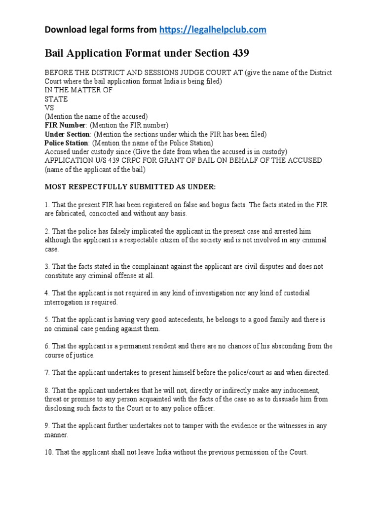 Bail Application Format Under Section 439 | PDF | Bail | Criminal ...