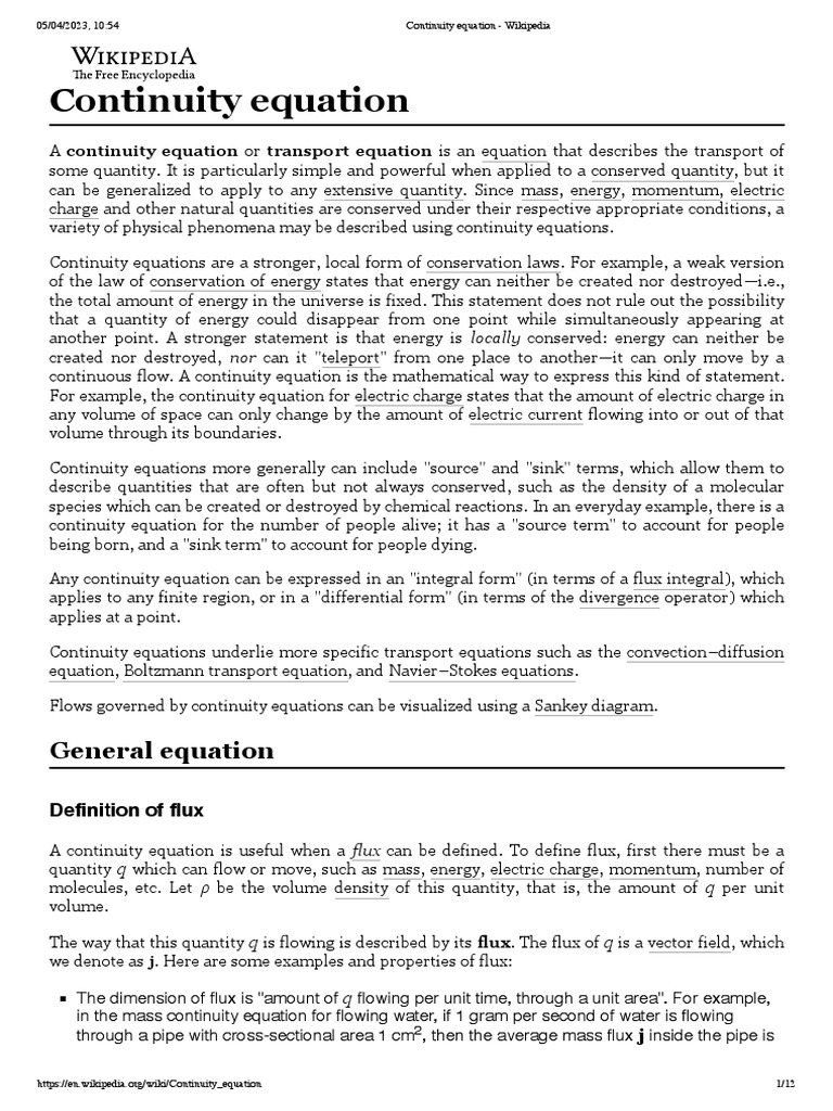 Continuity Equation - Wikipedia | PDF | Flux | Special Relativity